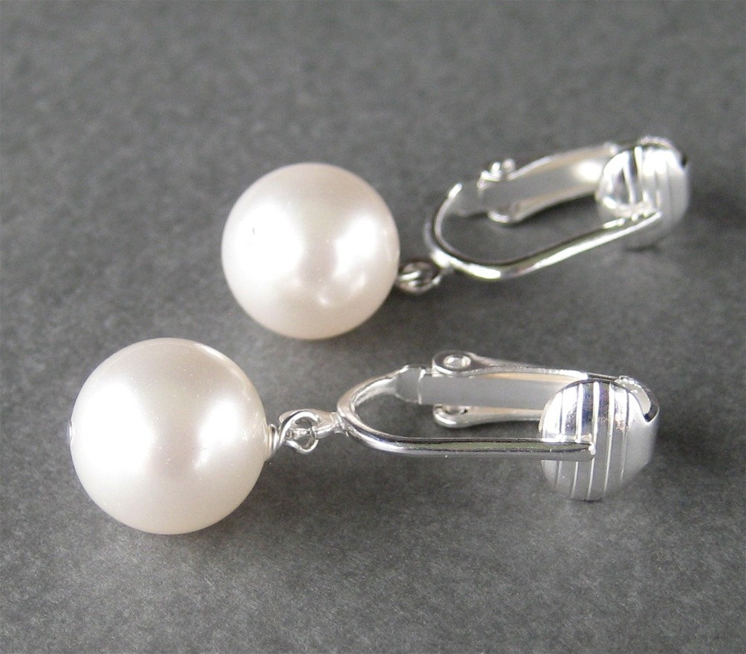 Round Pearl Clip on Earrings: Silver Wedding Clipons, 10mm Crystal ...