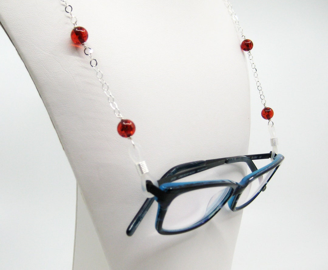 Sterling Silver Eyeglass Chain: Reddish Orange Faux Amber Beads, Autumn ...