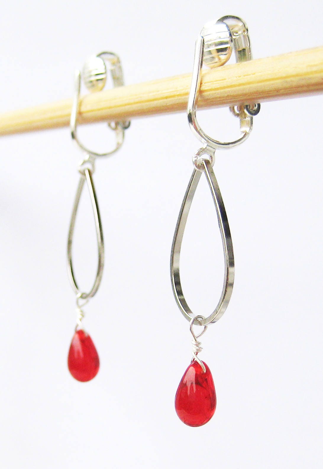 Cherry Red Teardrop Clip on Earrings Silver Drop Frame - Etsy