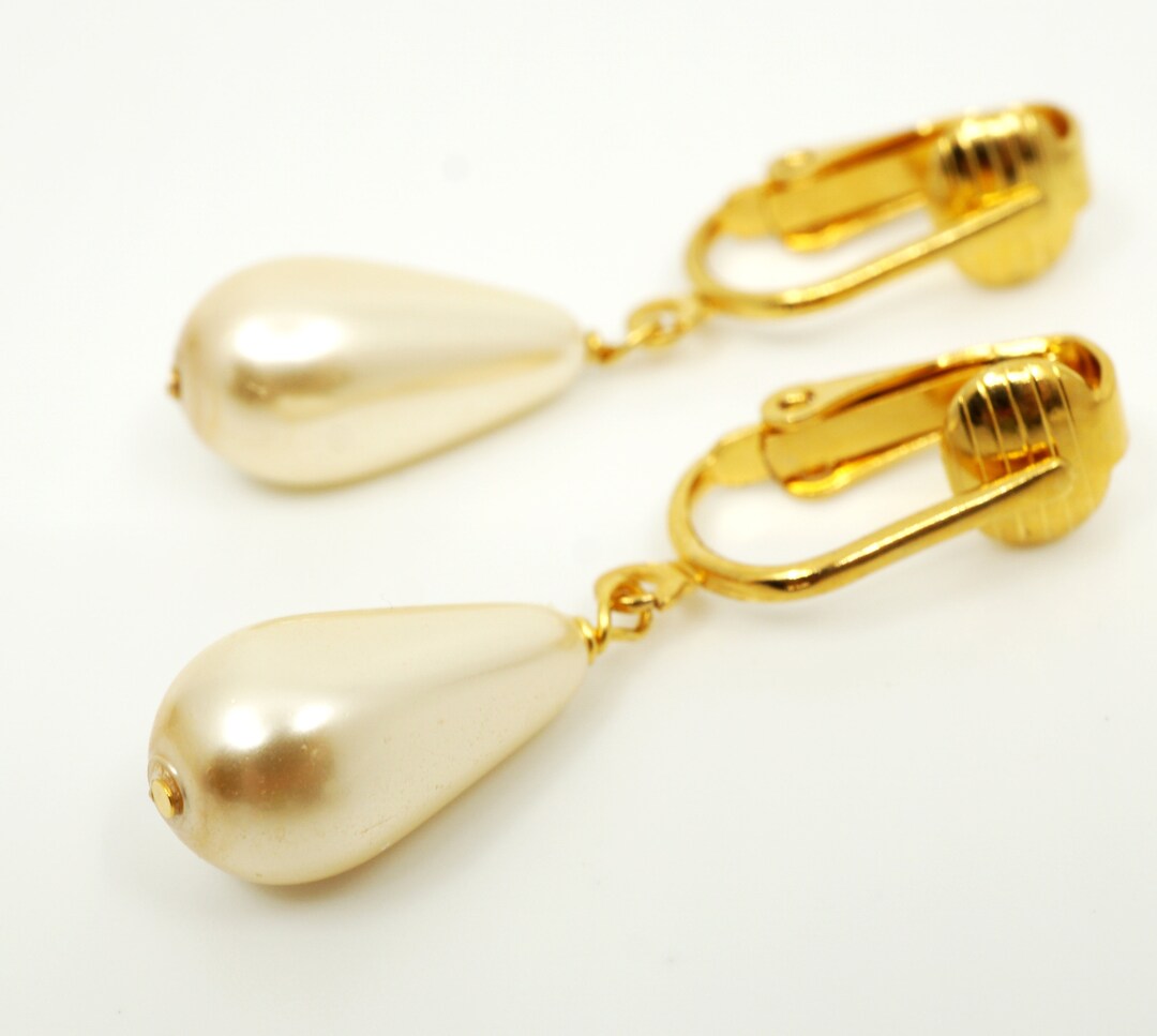 Cream and Gold Pearl Drop Clip-on Earrings, Ivory Glass Pearl Teardrop ...