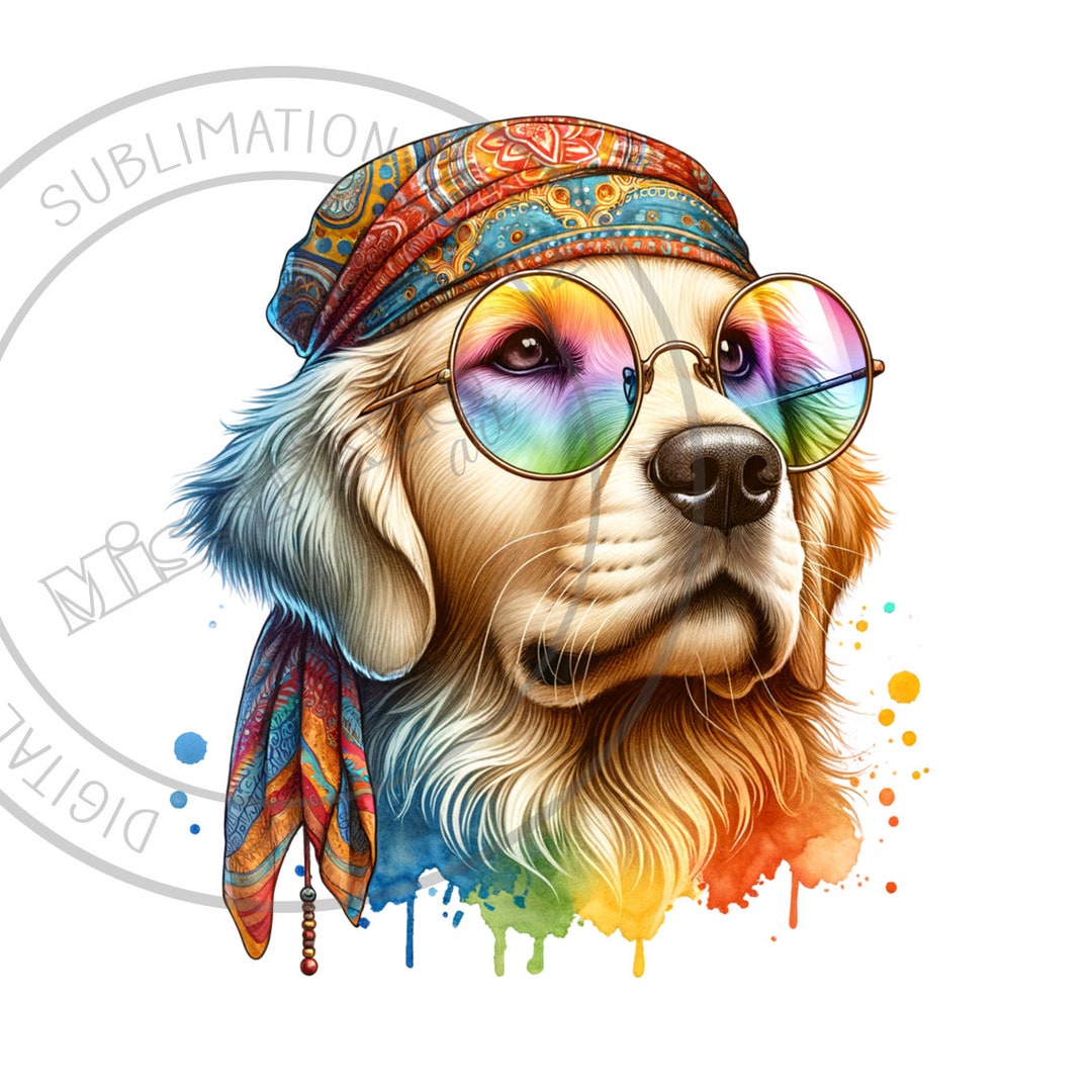 Hippie Golden Retriever Clipart, Hippie Dog PNG Design, Watercolor ...