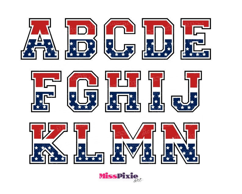 Flag Alphabet Letters PNG Bundle Patriotic USA Flag Doodle Letters Hand ...