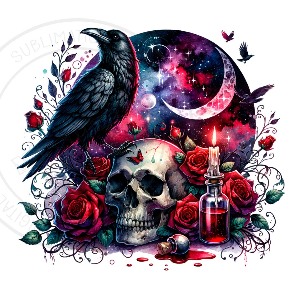 Dark Gothic Raven and Skull Mystical Roses, Moonlit Night Candlelit ...