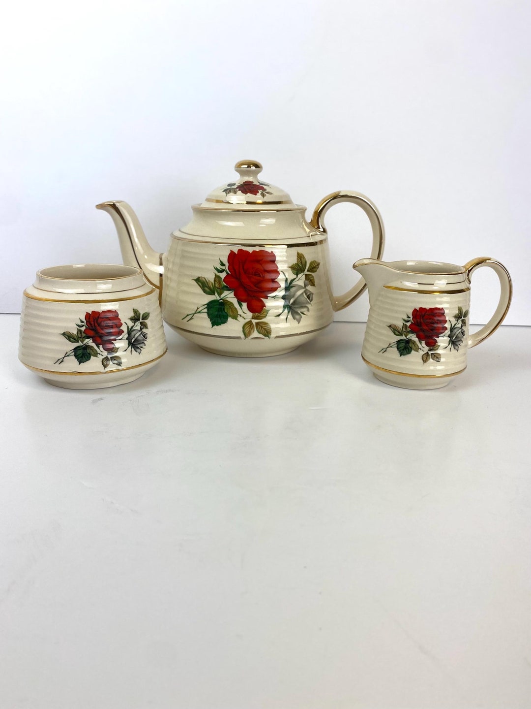 Sadler Red Rose Tea Pot, Creamer and Open Sugar, Made in England - Etsy
