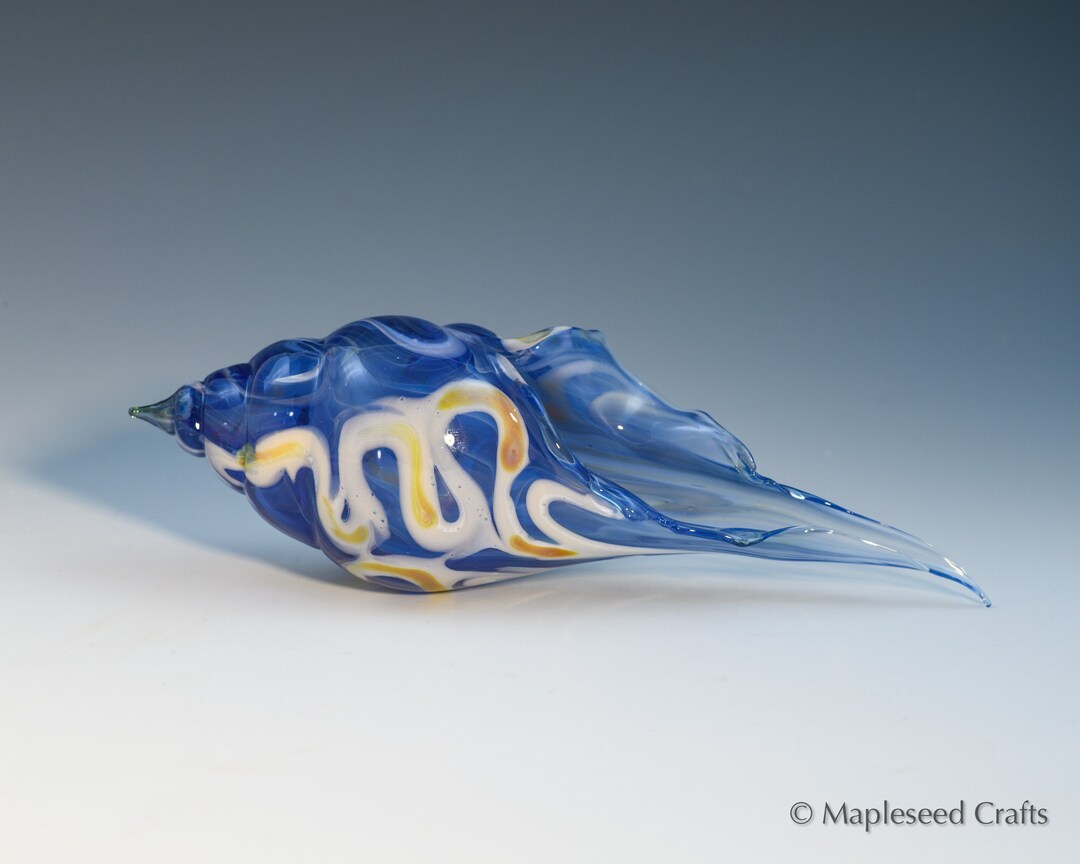 Blown Glass Sea Shell, “blue Cream”, Hand Blown Glass Seashell ...