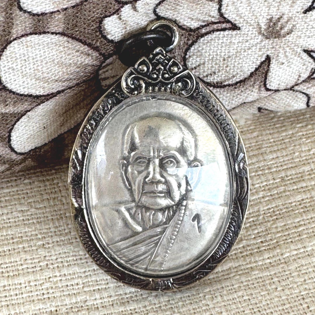 Silvery Pendant Thai Buddha Lp-moon Amulet Talisman Bring Protection ...