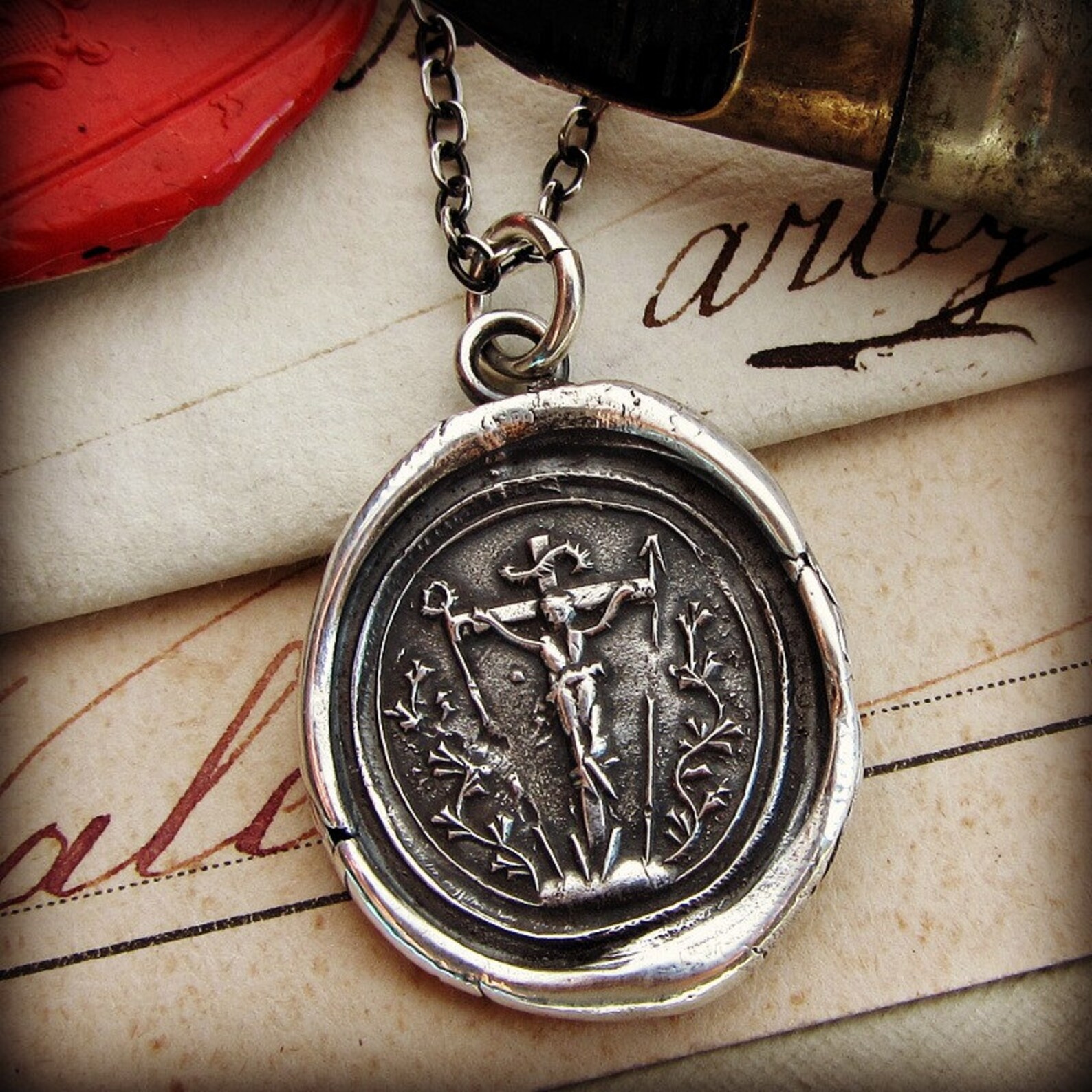 Christian Wax Seal Necklace Crucifixion of Christ Vintage - Etsy