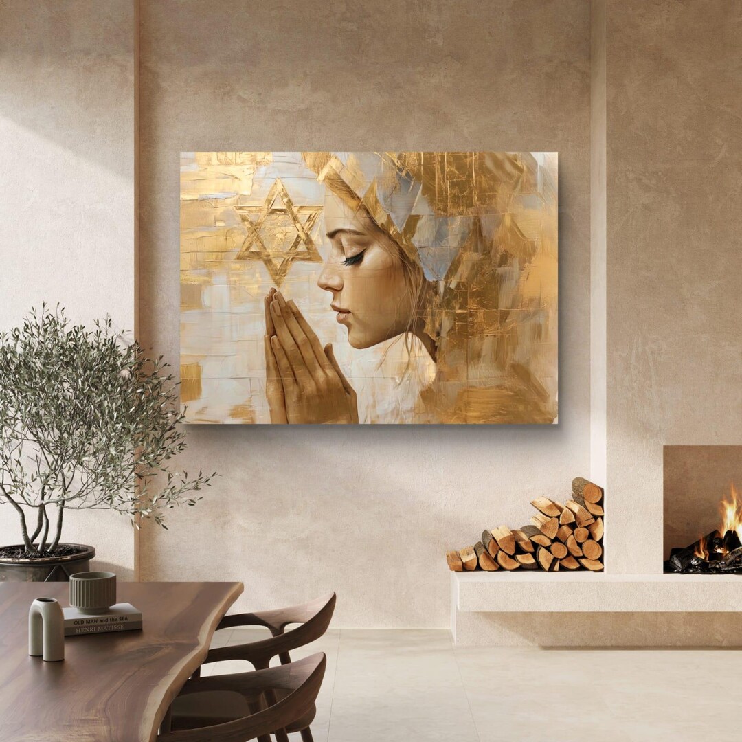 Jewish Art of Woman Praying Canvas Art : Gold Judaica Wall Hanging Gold ...