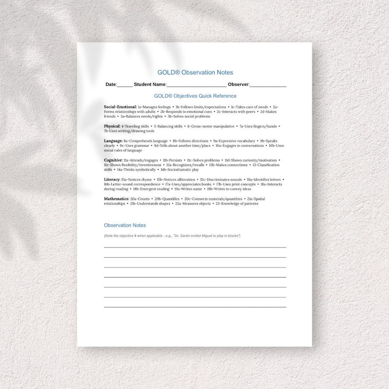 GOLD Assessment Observation Form | Quick Reference & Notes Template - Etsy