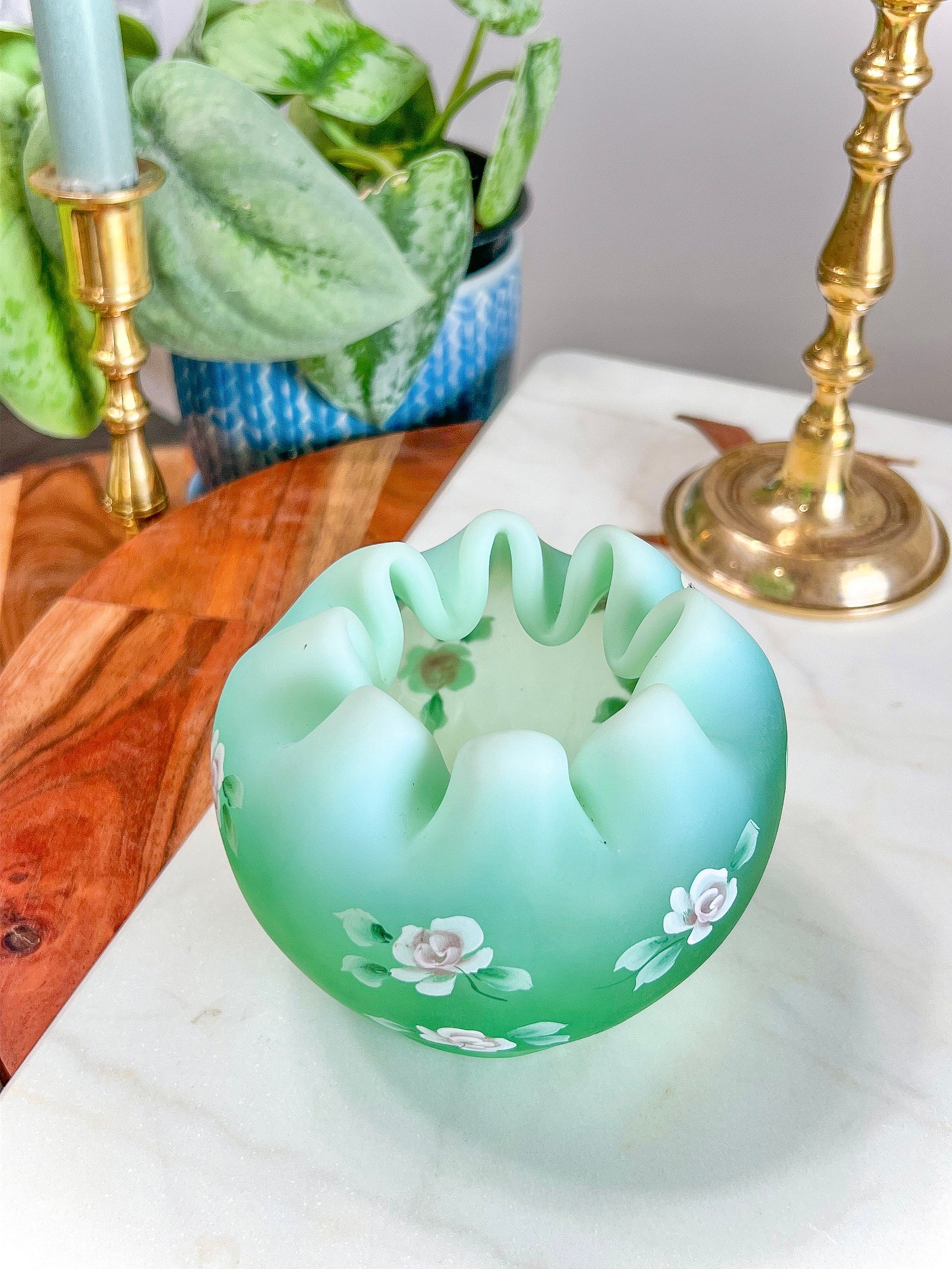 Vintage Fenton Hand Painted Diamond Optic Opalescent Satin Rose Bowl ...