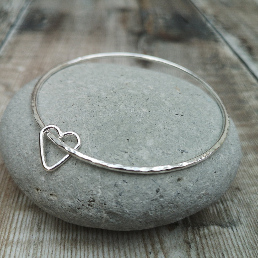 Silver Bangle Silver Heart Bangle Silver Heart Charm Charm - Etsy