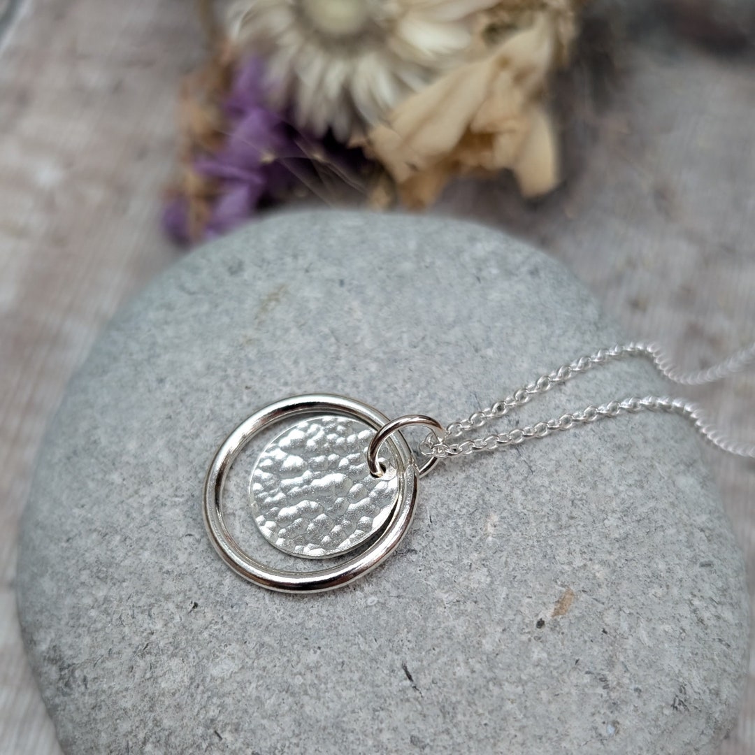 Silver Hammered Necklace, Disc Necklace, Circle Necklace, Ring Necklace ...