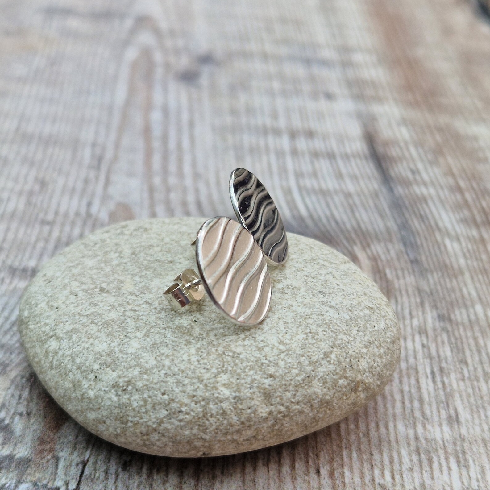 Silver Wavy Disc Stud Earrings - Large Silver Studs, Patterned Studs ...
