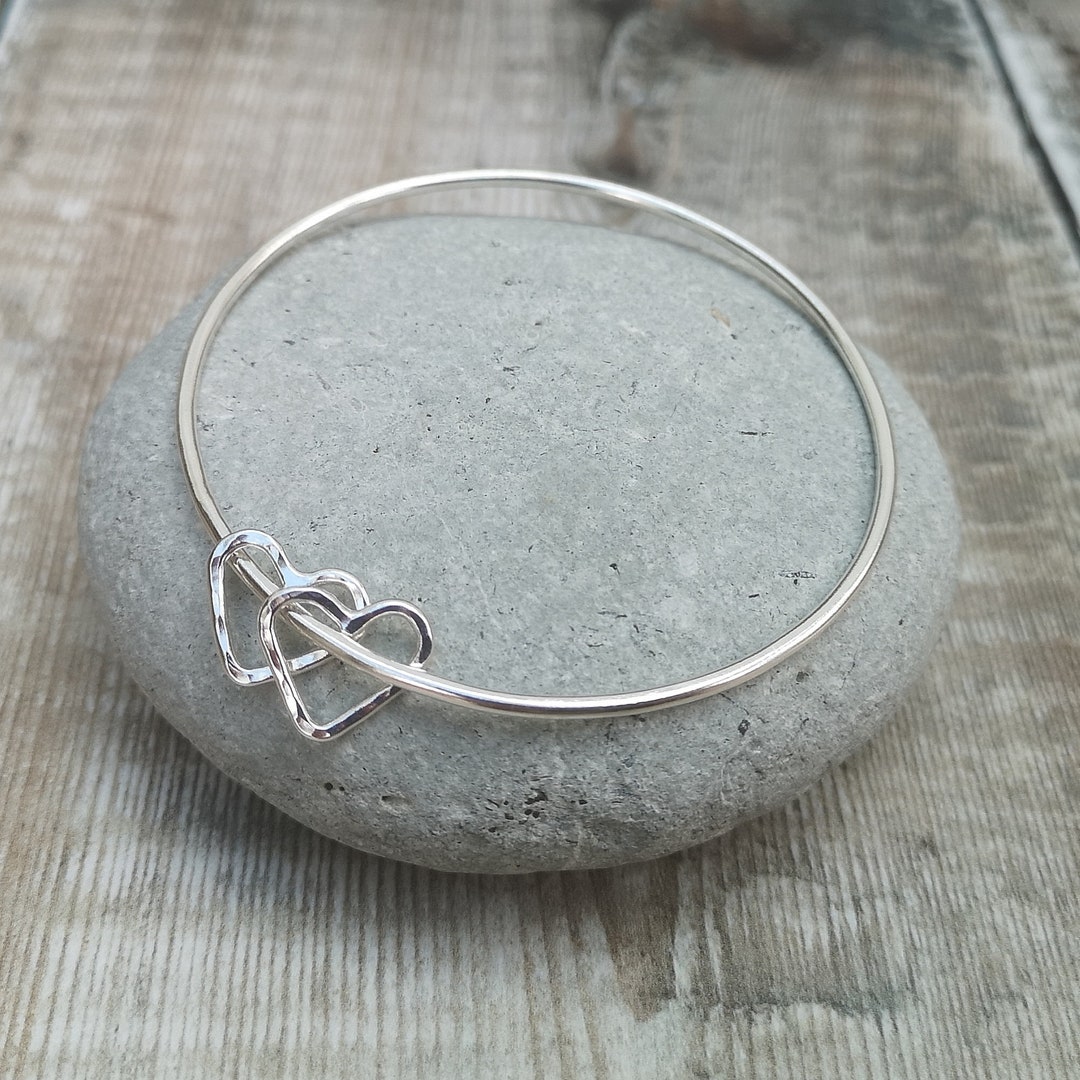 Silver Heart Bangle Silver Bangle With Heart Charm Double - Etsy