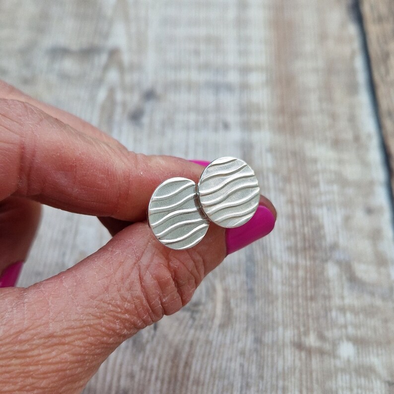 Silver Wavy Disc Stud Earrings - Large Silver Studs, Patterned Studs ...