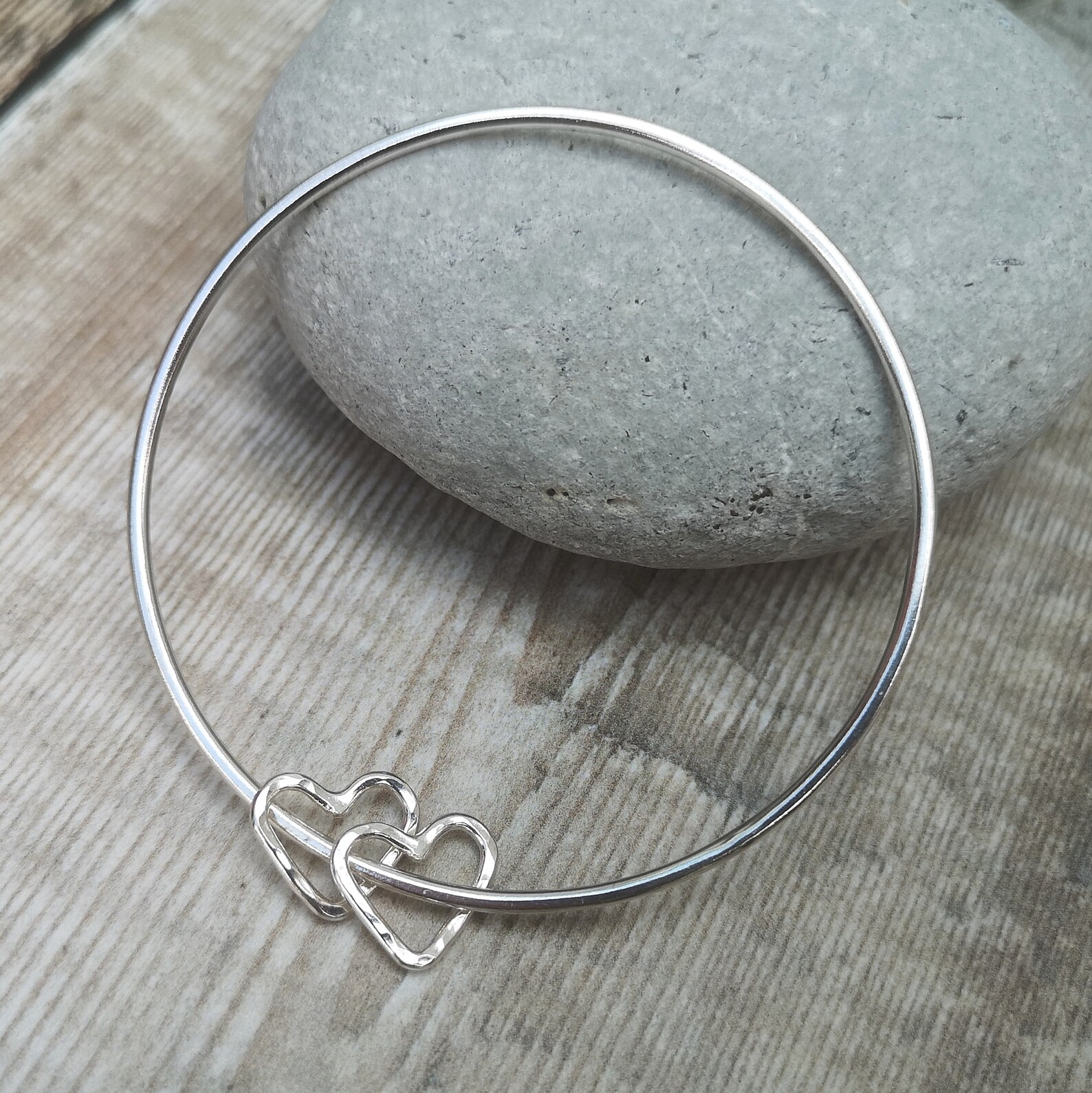 Silver Heart Bangle Silver Bangle With Heart Charm Double - Etsy