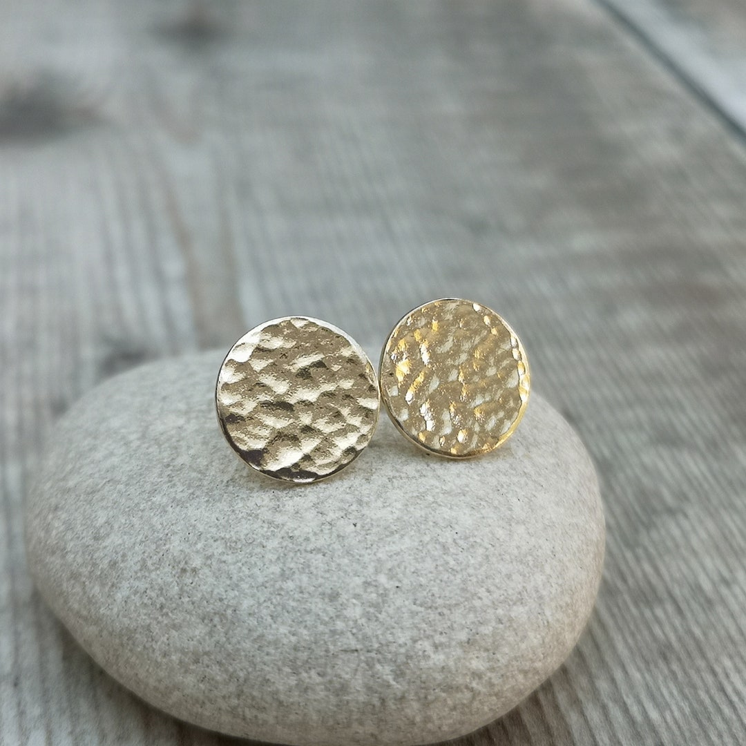 9ct Gold Hammered Studs, Large Silver Studs, Hammered Studs, Gold Round Stud Earrings, Gold Disc ...