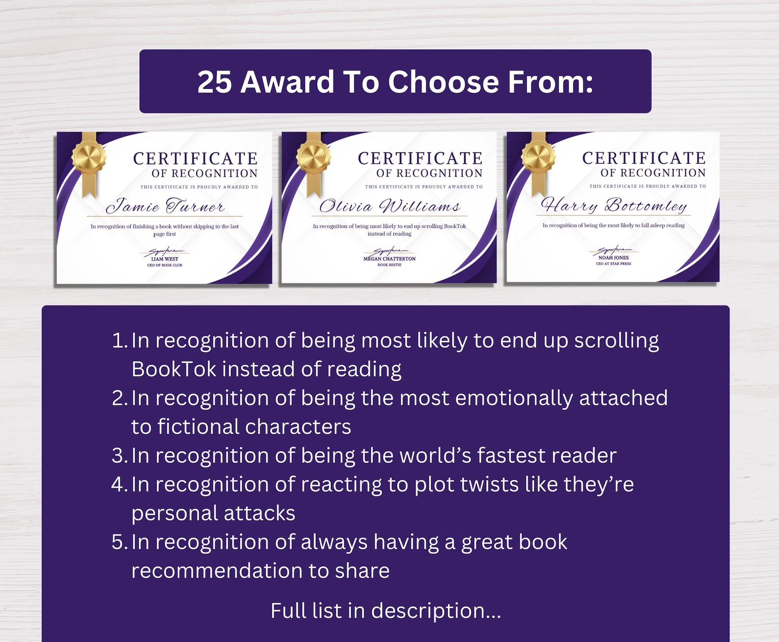 Certificates for Book Lovers, 25 Printable Certificates of Recognition ...