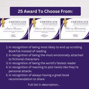 Certificates for Book Lovers, 25 Printable Certificates of Recognition ...