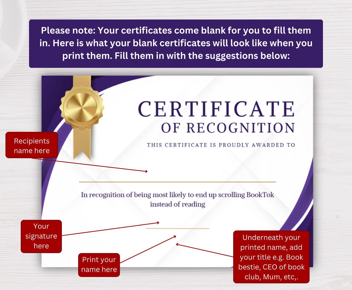 Certificates for Book Lovers, 25 Printable Certificates of Recognition ...