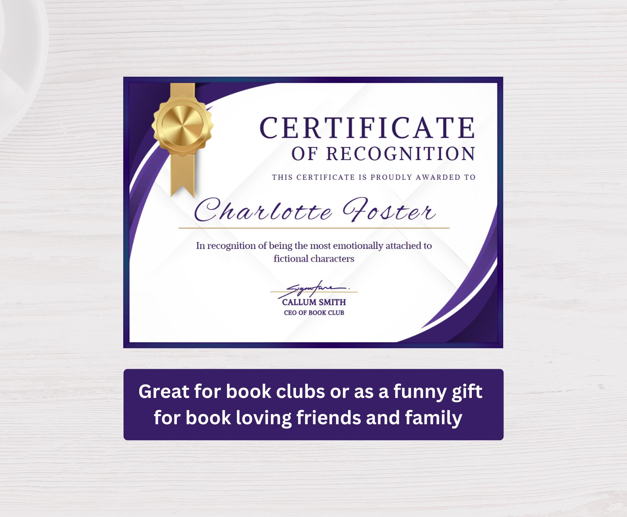 Certificates for Book Lovers, 25 Printable Certificates of Recognition ...