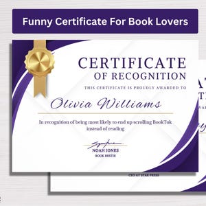 Certificates for Book Lovers, 25 Printable Certificates of Recognition ...