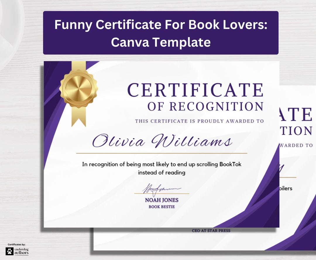 Certificates for Book Lovers, Certificate Template on Canva, Funny Book ...