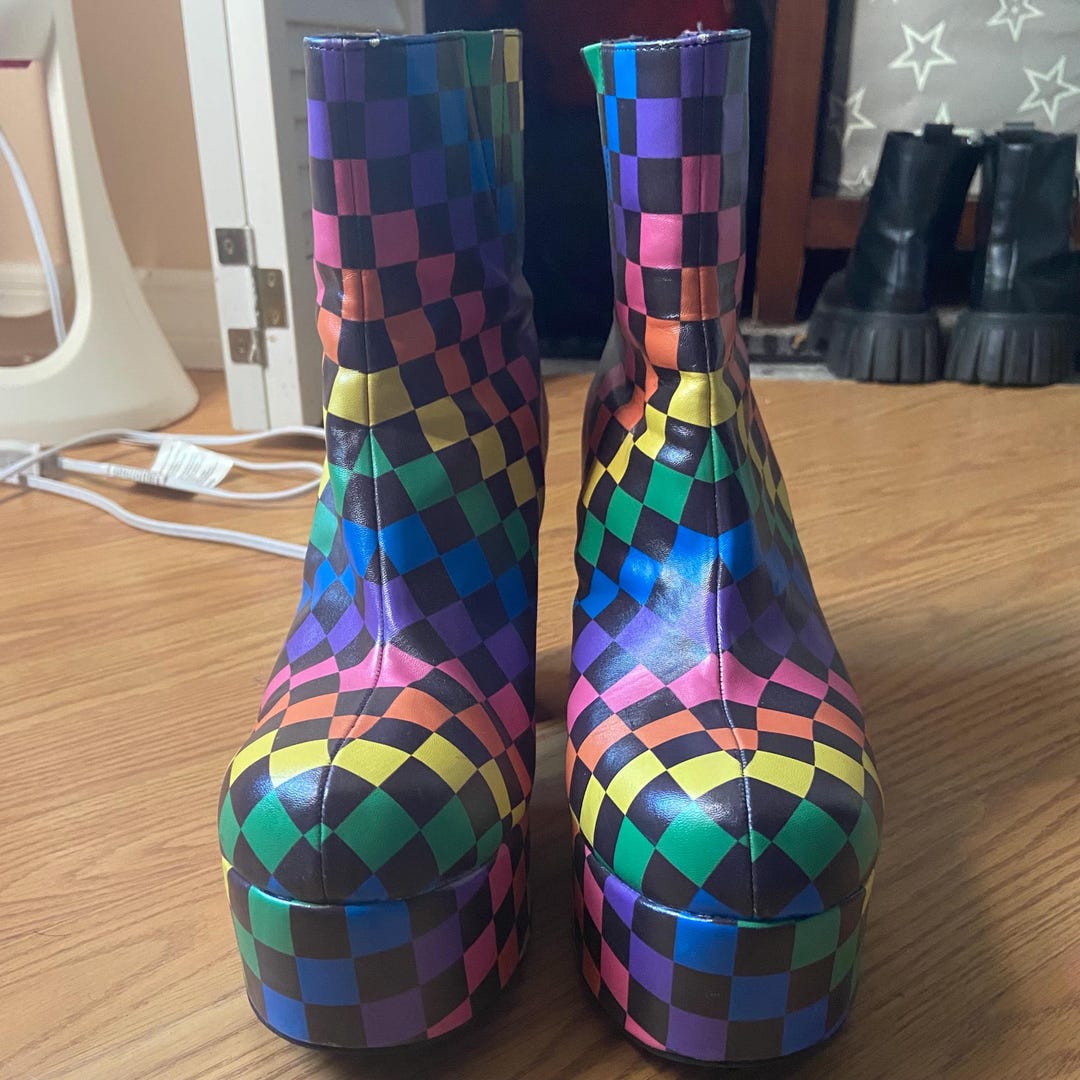 DOLLSKILL / Current Mood Pride Rainbow LGBTQ Checkered Platform Heels ...