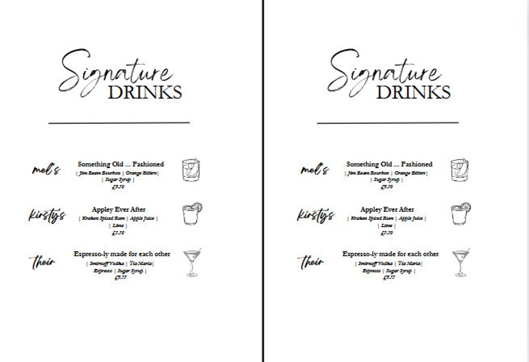 Signature Drinks Menus - Etsy