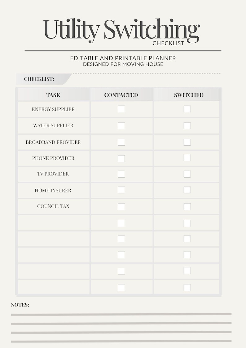 Utility Switching Checklist | Moving House Printable | Editable PDF ...