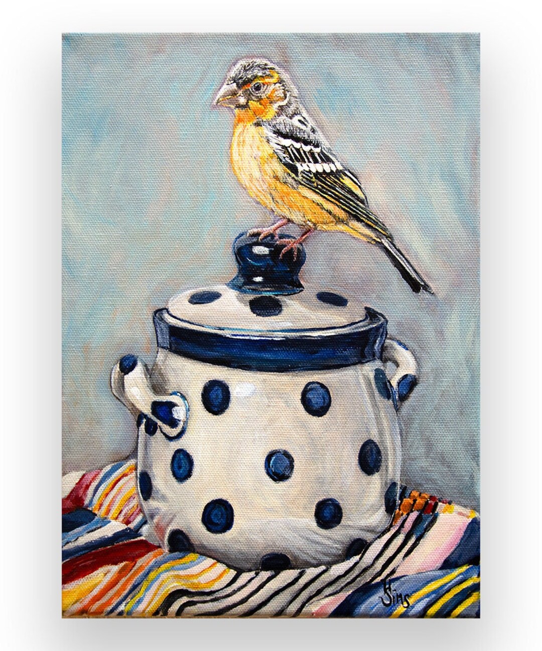 Boleslawiec Polish Pottery Polka Dot Jar, Yellow Finch Bird Still Life ...