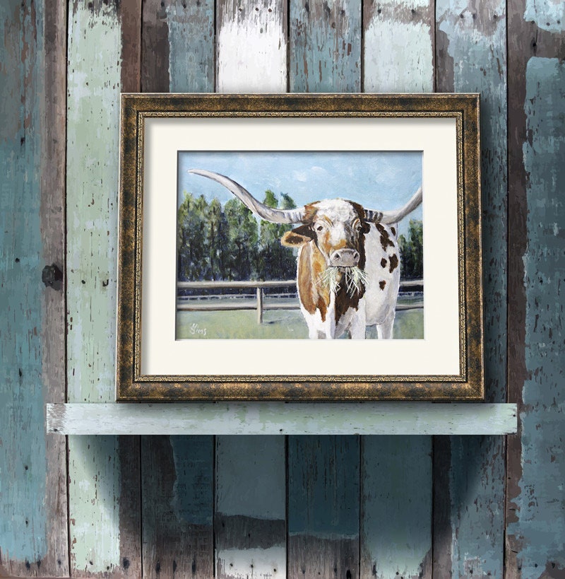 Texas Longhorn Cow Art Print, Cow Painting Giclee, Rustic Wall Art Cow ...