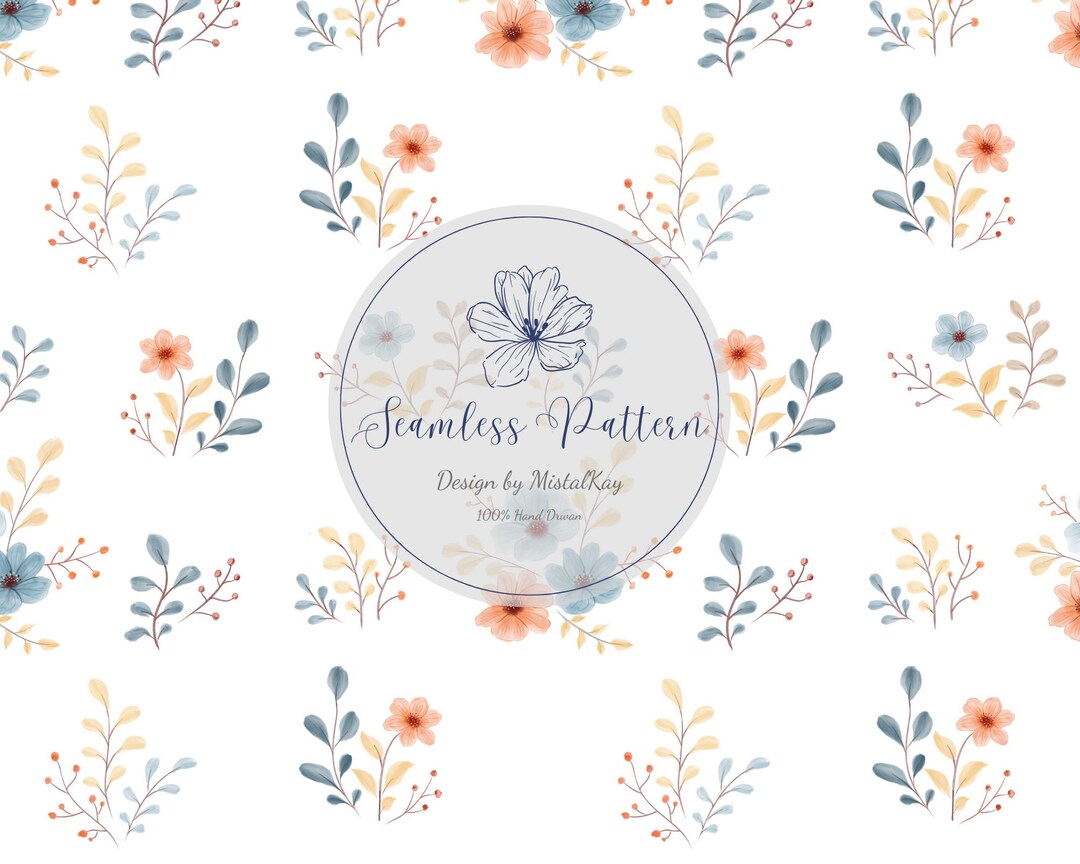 Blush Peach and Dusty Blue Floral Seamless Pattern – Hand Drawn ...
