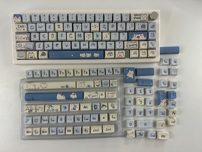 147pcs Cute Cat Keycap Set, Blue and White Keycaps, Animal Keycaps ...
