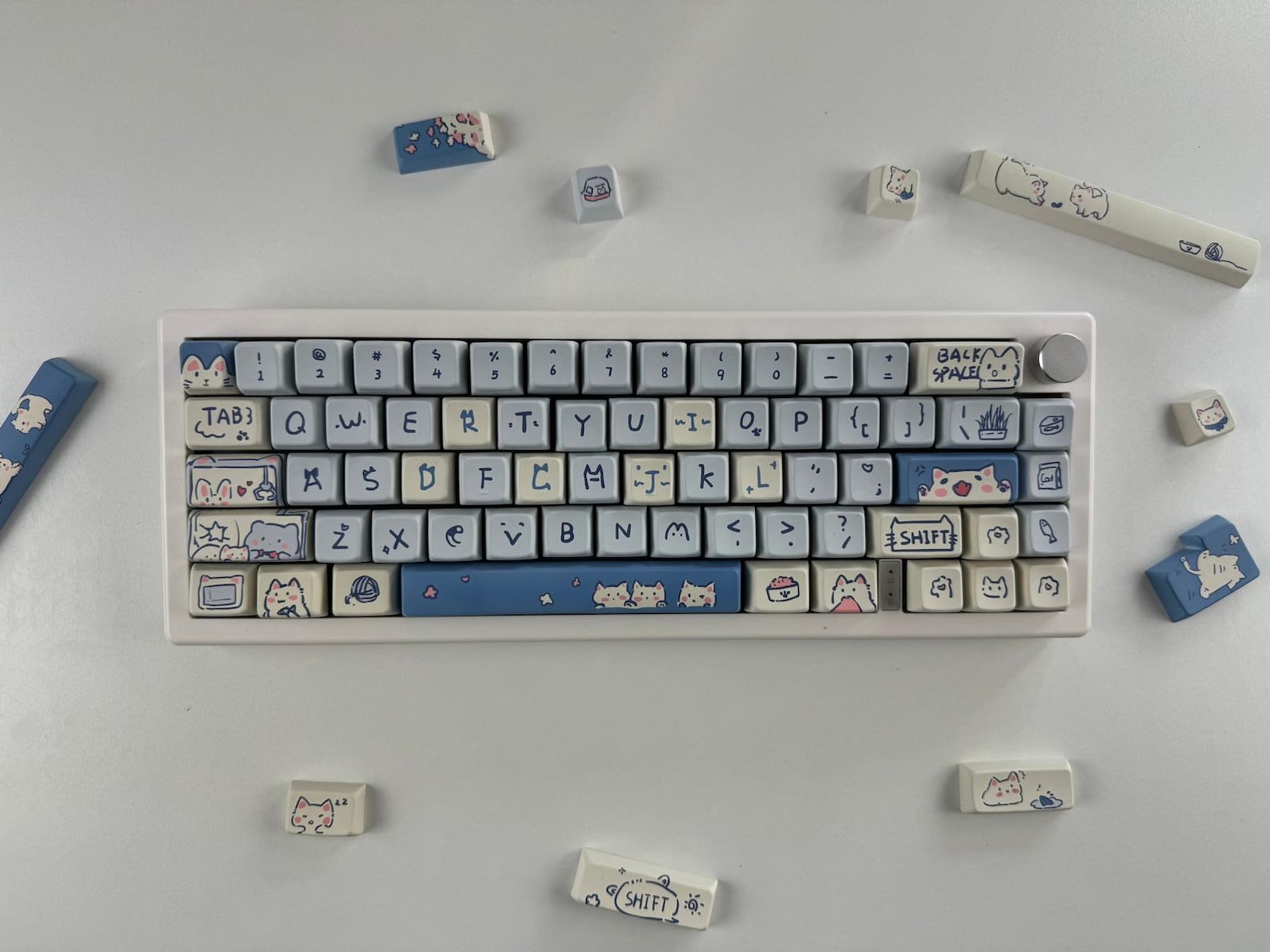 147pcs Cute Cat Keycap Set, Blue and White Keycaps, Animal Keycaps ...