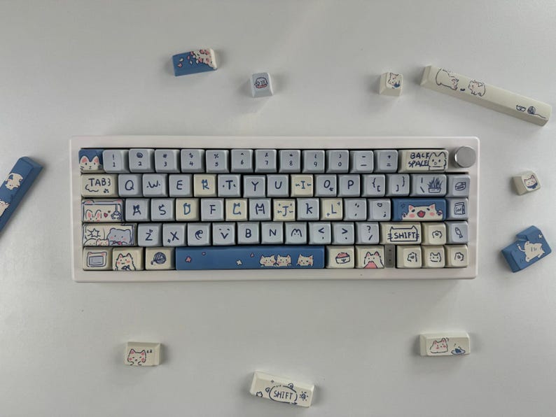 147pcs Cute Cat Keycap Set, Blue and White Keycaps, Animal Keycaps ...