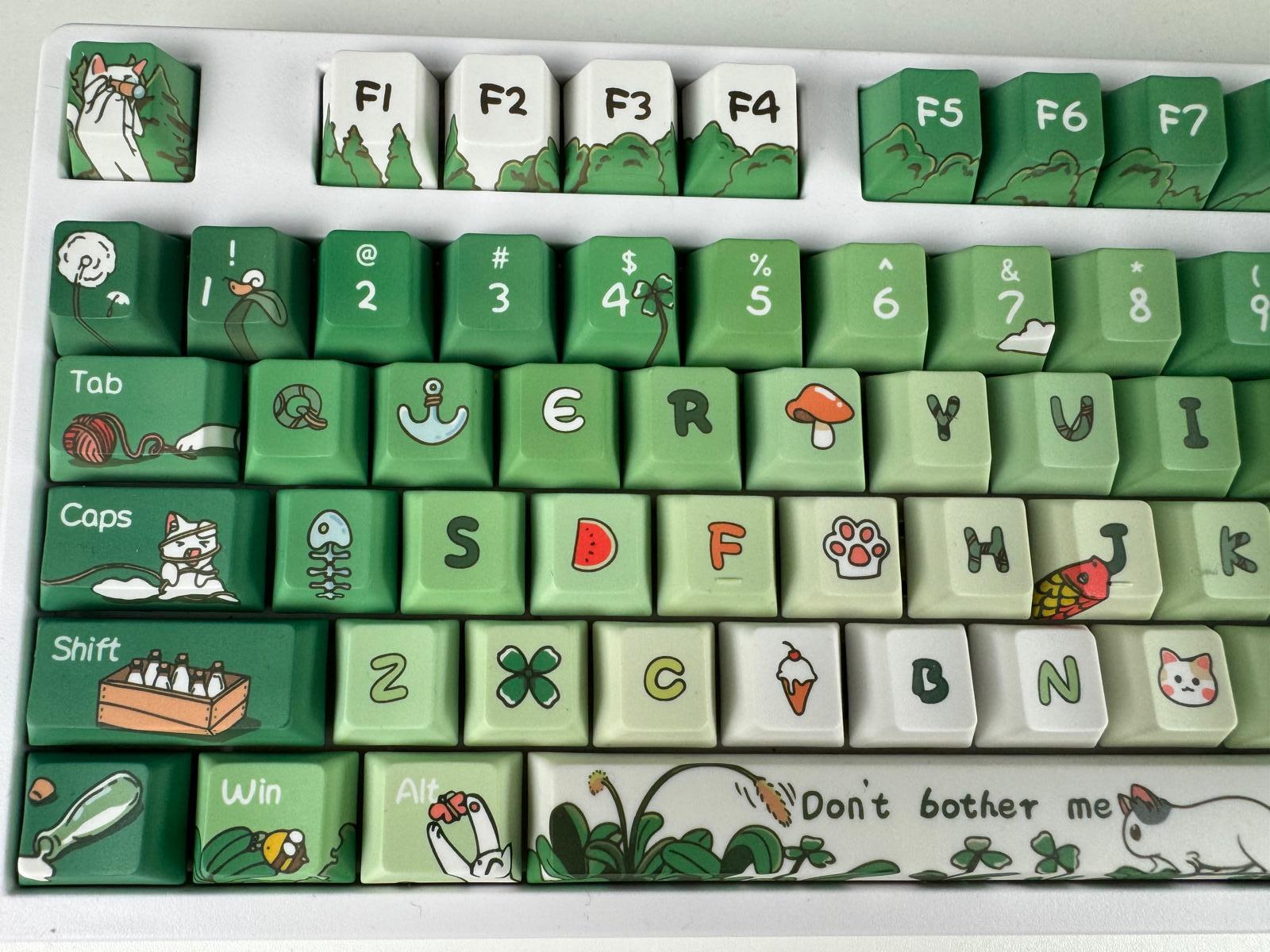 134 Keys Cute Matcha Cat Keycap Set, Green Plant Theme Keycap Set for ...