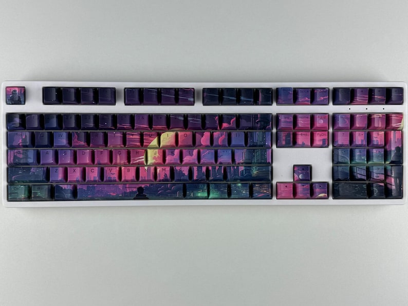Neon Cyberpunk City Keycap Set, Vaporwave Backlit Space Keycaps, Purple ...