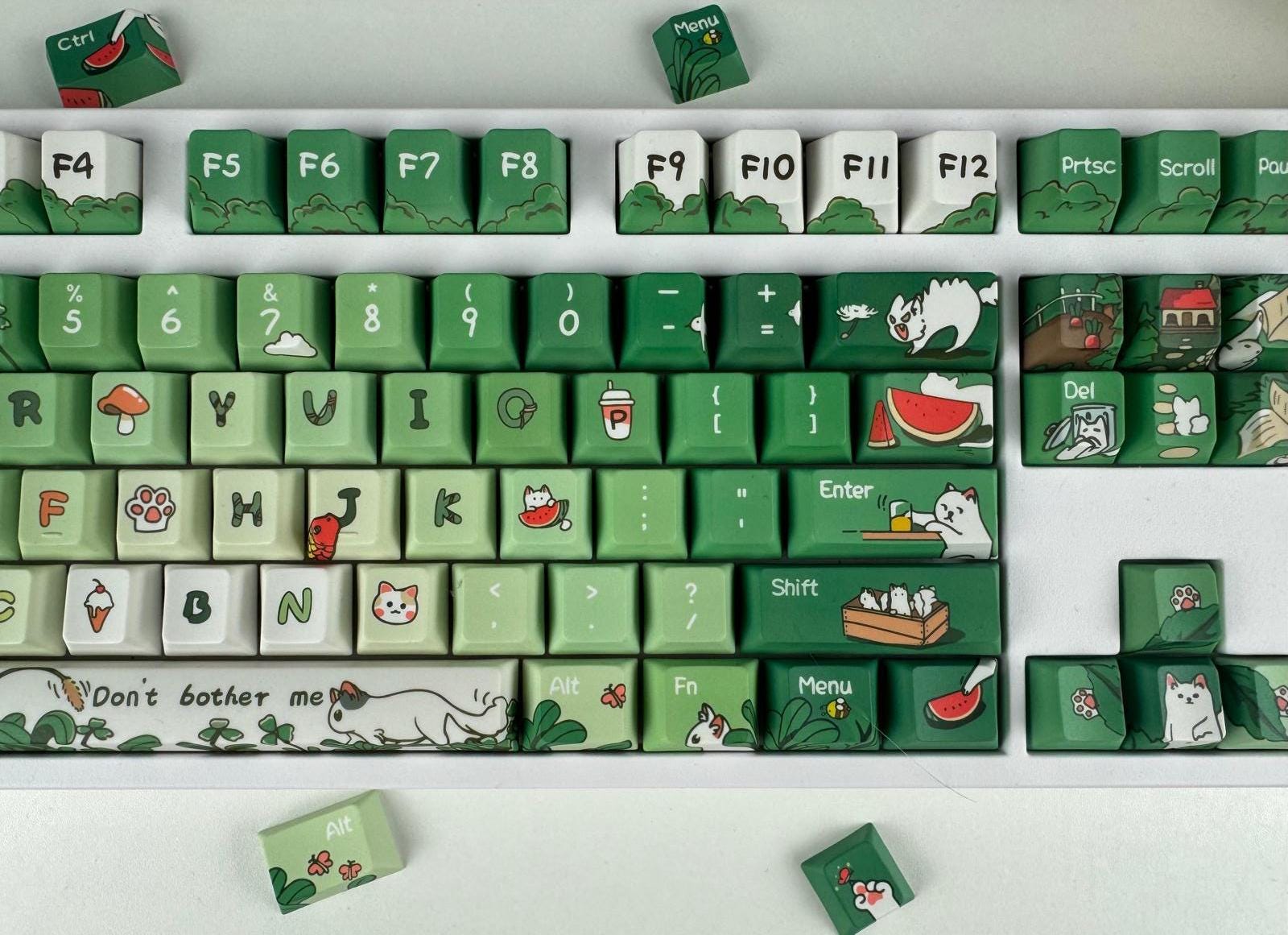 134 Keys Cute Matcha Cat Keycap Set, Green Plant Theme Keycap Set for ...