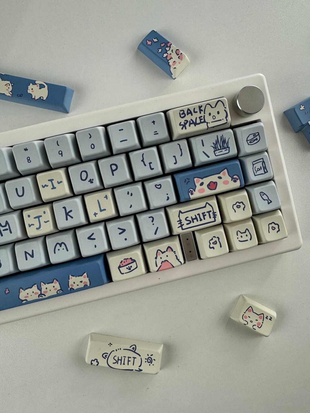147pcs Cute Cat Keycap Set, Blue and White Keycaps, Animal Keycaps ...