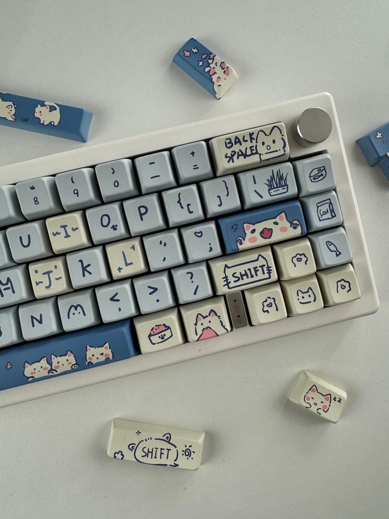147pcs Cute Cat Keycap Set, Blue and White Keycaps, Animal Keycaps ...
