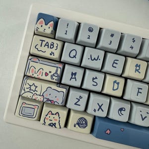 147pcs Cute Cat Keycap Set, Blue and White Keycaps, Animal Keycaps ...