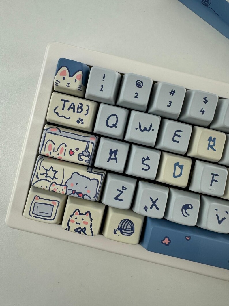 147pcs Cute Cat Keycap Set, Blue and White Keycaps, Animal Keycaps ...