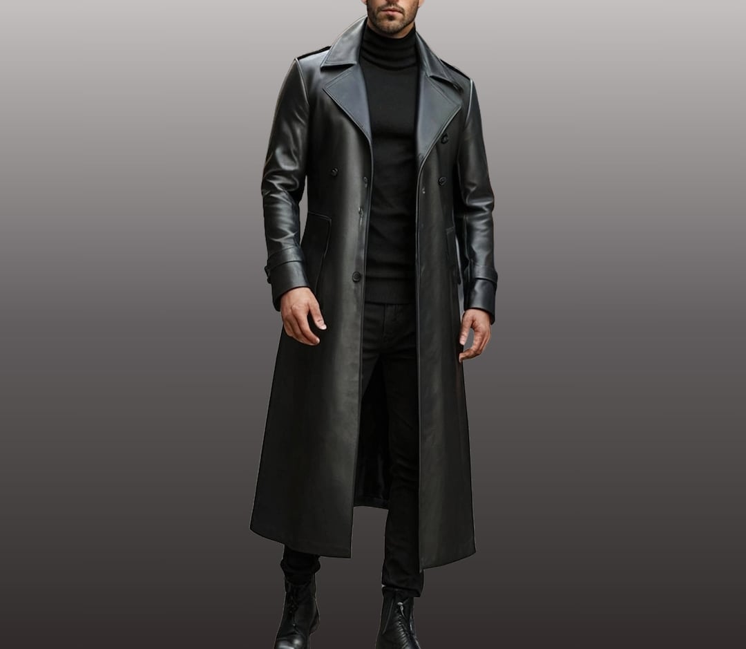 Genuine Leather Men Coat Black Leather Long Coat Men Leather Trench ...