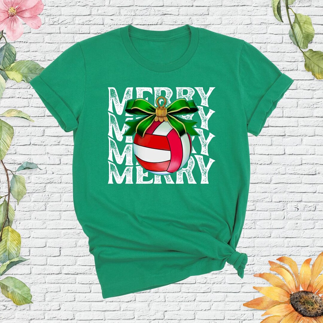 Merry Christmas Volleyball Bow Shirt, Xmas Sport Team Tee, Volleyball ...