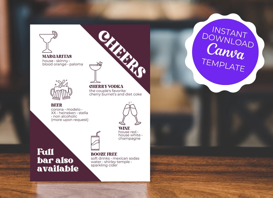 FUNKY DRINK MENU for Editable Signature Cocktails Bridal Shower ...