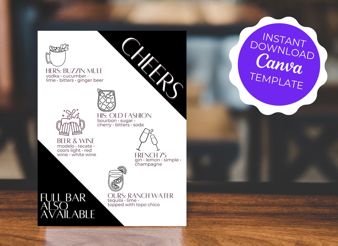 MODERN DRINK MENU for Elegant Event Editable Signature Cocktails Bridal ...