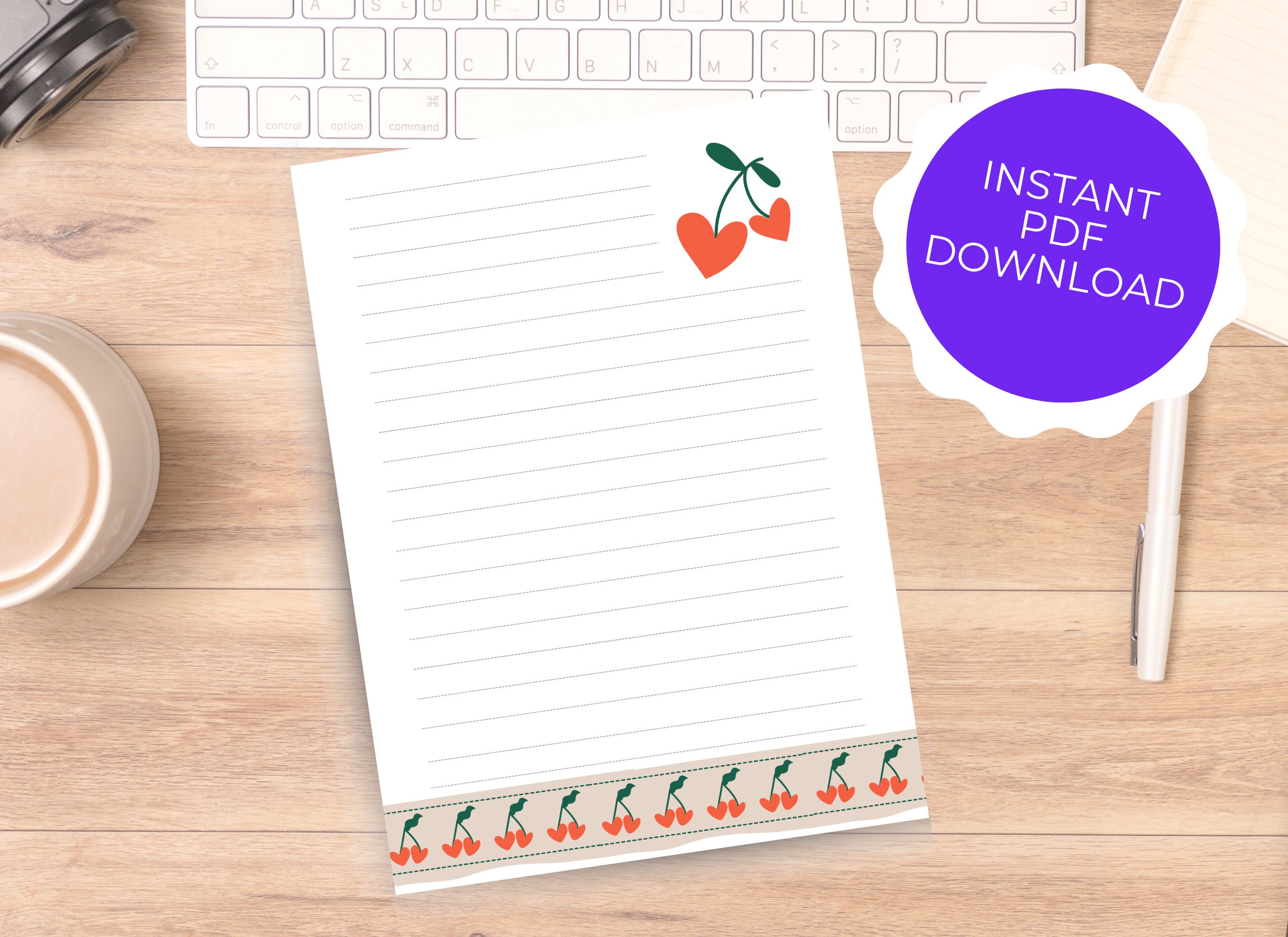 CHERRY PRINTABLE STATIONARY Instant Download Stationary Lined and ...