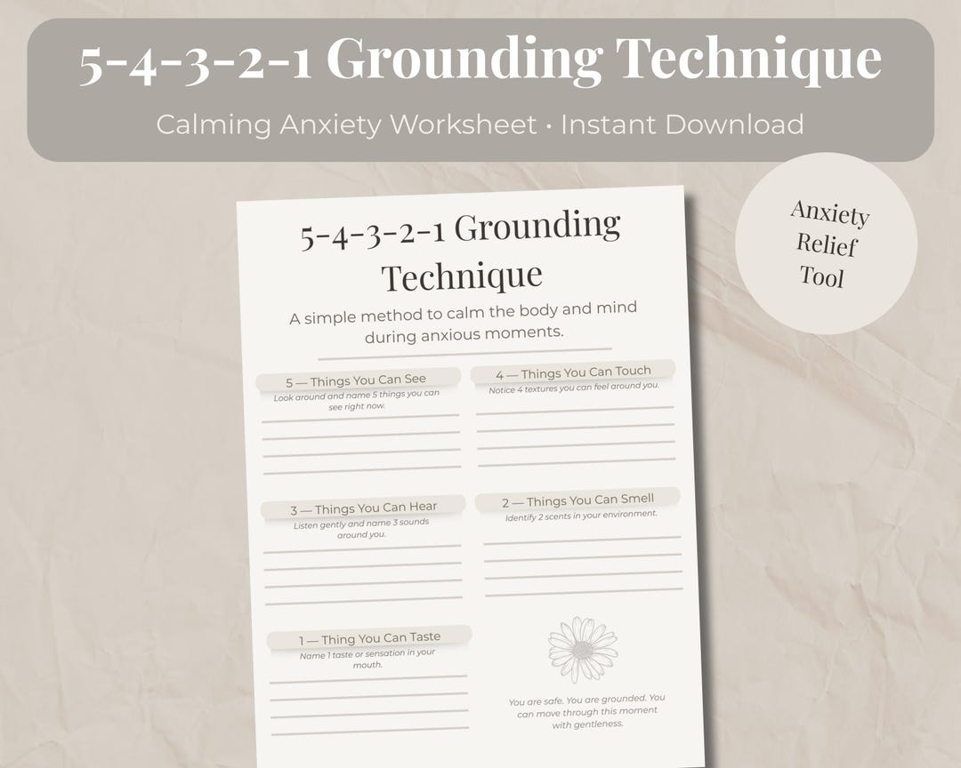 5-4-3-2-1 Grounding Technique Worksheet • Anxiety Relief Tool ...