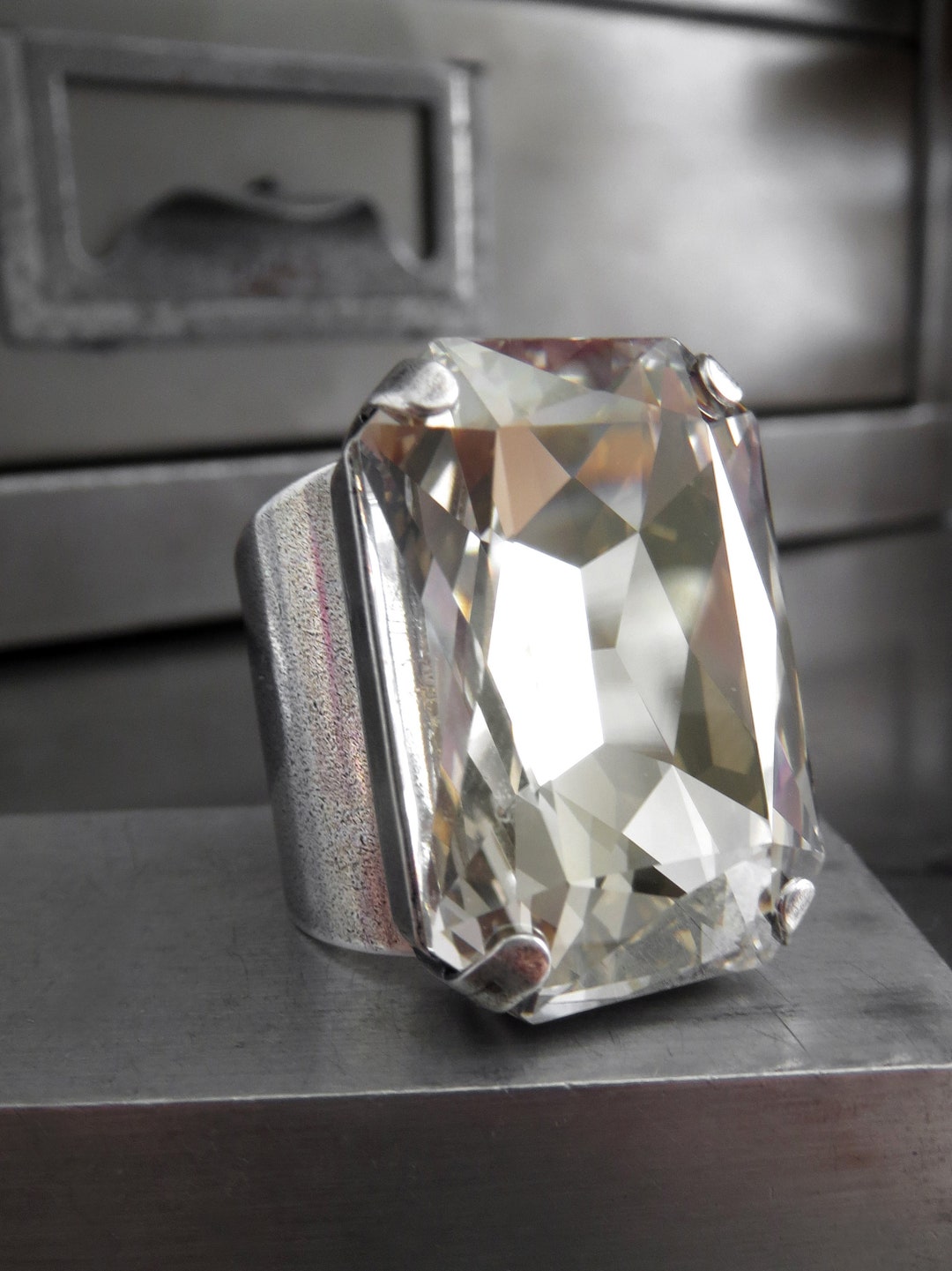 LUMINOUS Large Crystal Cocktail Ring With Warm Silver Sheen - Etsy